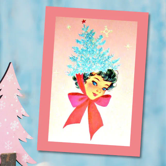 Christmas Vintage Girl Wearing Tree As Hat Holiday Card | Zazzle