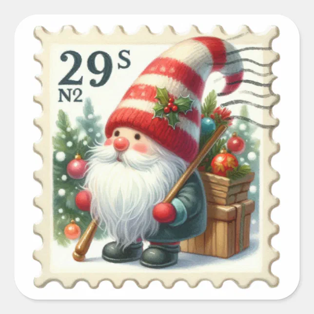 Christmas Vintage Gnomes Postage Stamps Square Sticker | Zazzle