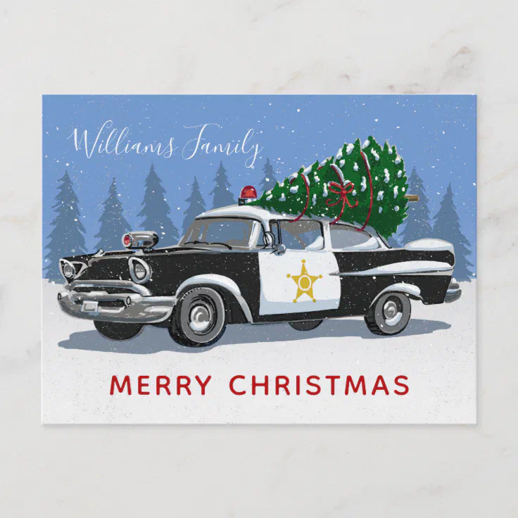 Christmas Vintage Police Car Tree Monogram Holiday Postcard | Zazzle