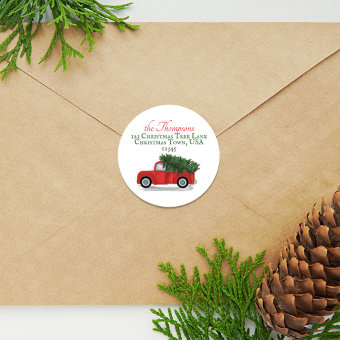 Christmas Vintage Red Truck Return Address Classic Round Sticker | Zazzle