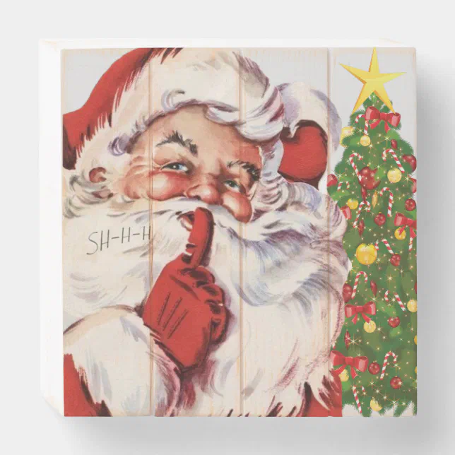 Christmas Vintage Santa Claus Shhh & Tree Wooden Box Sign | Zazzle
