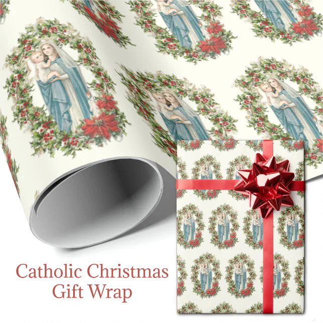 Christmas Virgin Mary Jesus Poinsettia Rosary Wrapping Paper | Zazzle