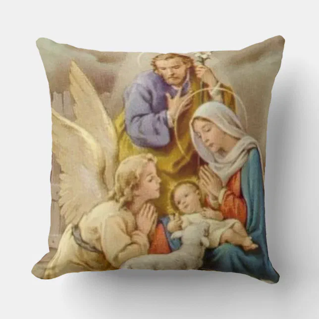 Christmas Virgin Mary, St. Joseph, Jesus, & angel Throw Pillow | Zazzle