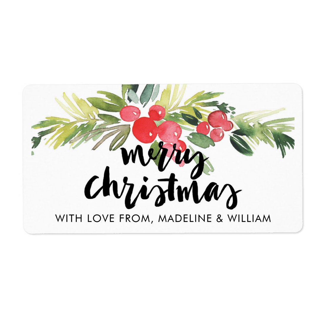 Christmas | Watercolor - Merry Christmas Holly Label | Zazzle