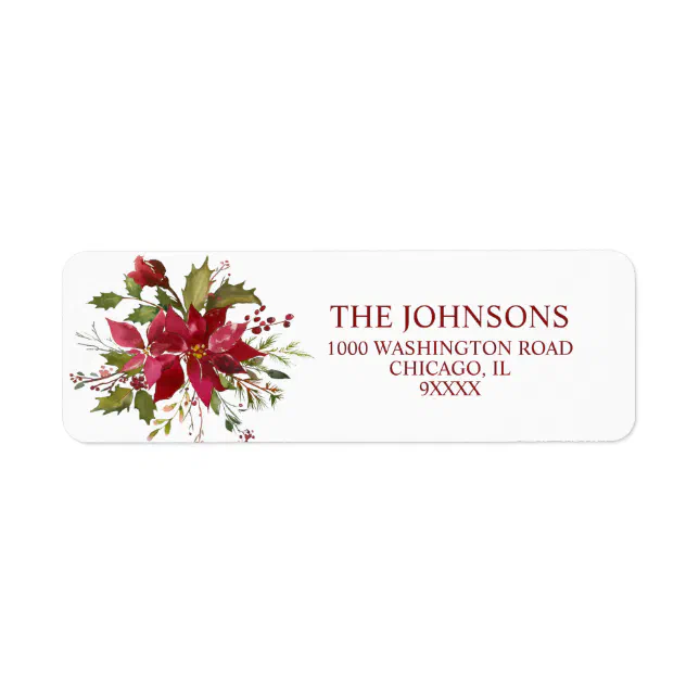 Christmas Watercolor Red Poinsettia Holly Berry Label | Zazzle