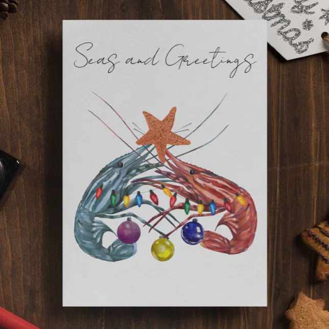 Christmas Watercolor Shrimp Crustacean Holiday Card | Zazzle