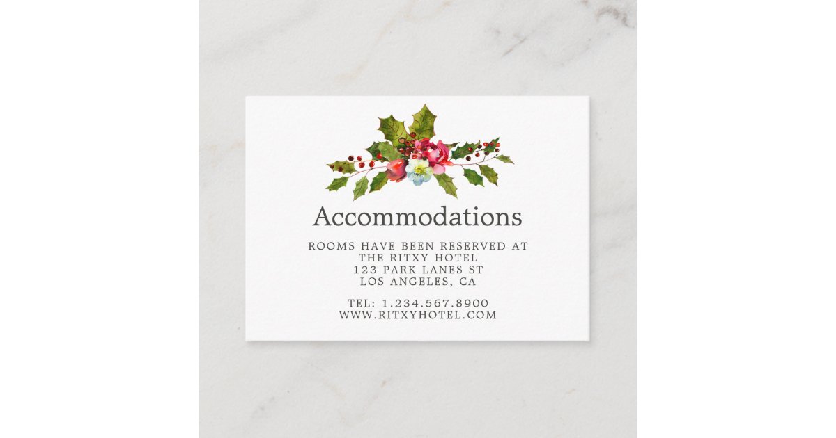 Christmas Wedding Floral Holly Accommodations Enclosure Card | Zazzle