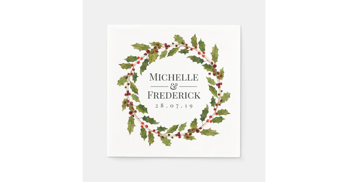 Christmas Wedding Floral Holly Watercolor Napkins | Zazzle