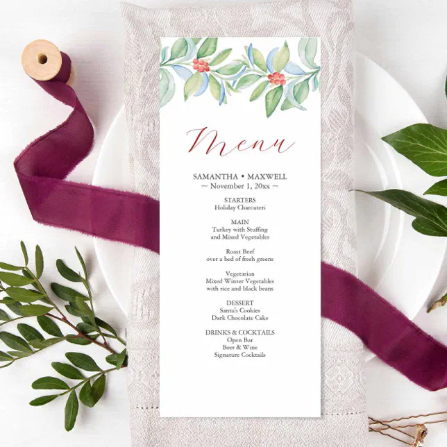 Christmas Wedding Menus Watercolor Greenery | Zazzle