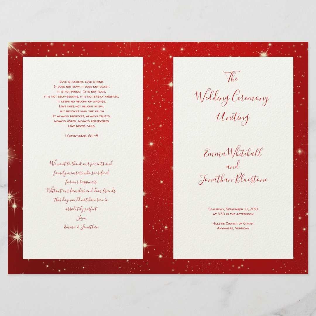 Christmas Wedding Program Red Twinkling Stars | Zazzle