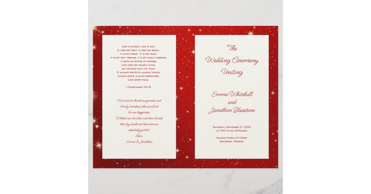 Christmas Wedding Program Red Twinkling Stars | Zazzle