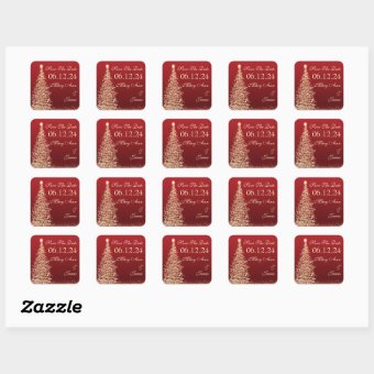 Christmas Wedding Save The Date Red Gold Square Sticker | Zazzle