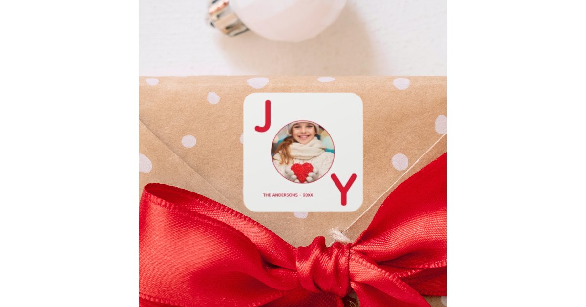 Christmas white red photo joy square sticker | Zazzle