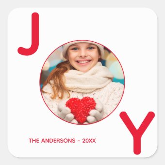 Christmas white red photo joy square sticker | Zazzle