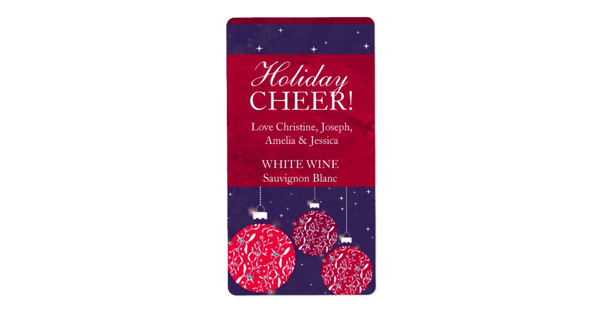 Christmas wine label baubles red blue name | Zazzle