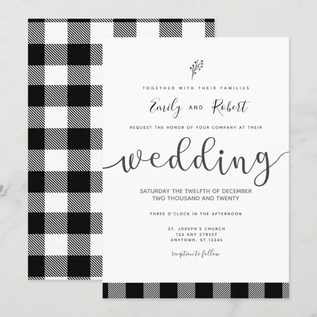 Christmas Winter Black White Buffalo Plaid Wedding Invitation | Zazzle
