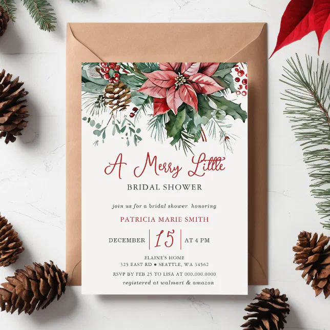 Christmas Winter Floral Merry Little Bridal Shower Invitation | Zazzle