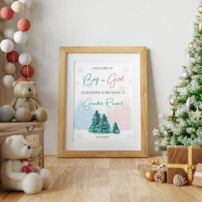 Christmas Winter Gender Reveal Party Poster | Zazzle