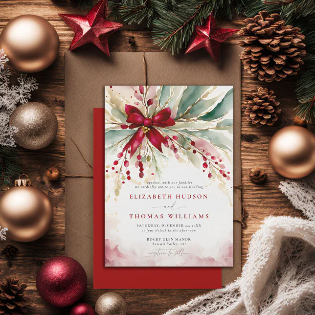 Christmas Winter Greenery Red Bow Rustic Wedding Invitation | Zazzle