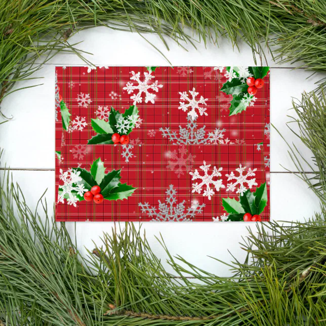 Christmas Winter Greenery Snowflakes On Red Plaid Envelope | Zazzle