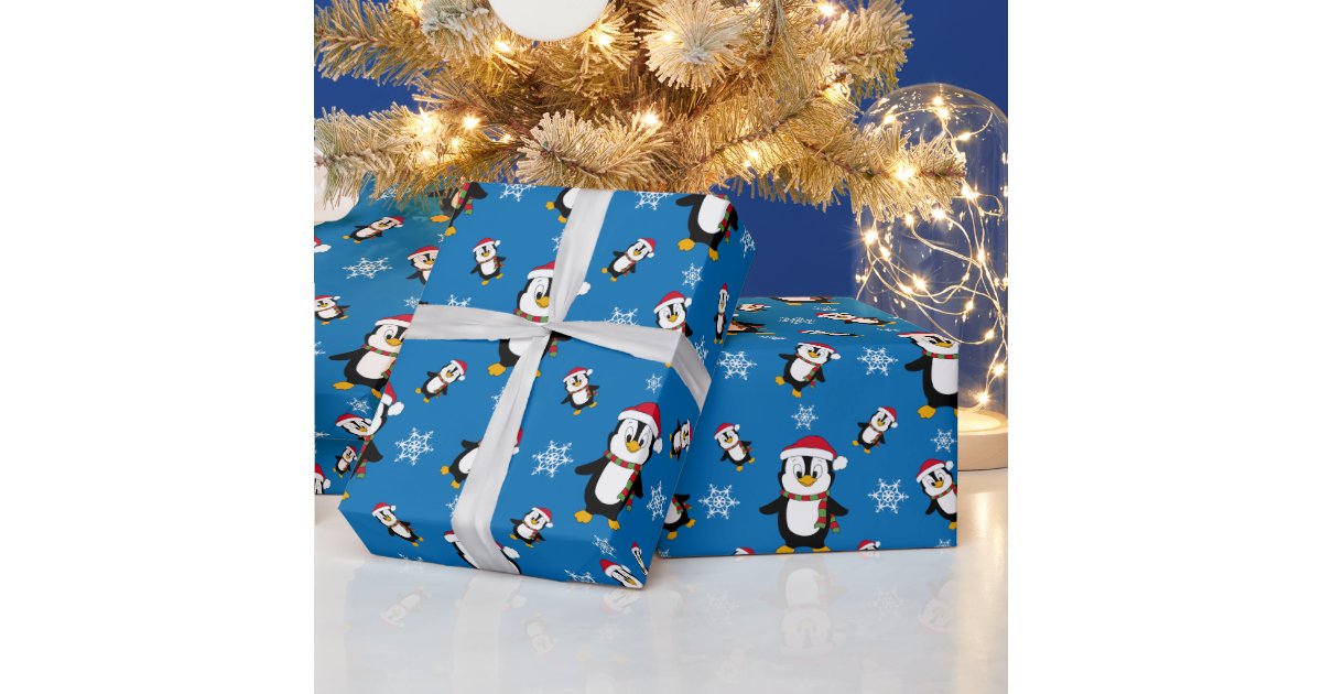 Christmas Winter Penguin on Custom Blue Background Wrapping Paper | Zazzle