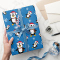 Christmas Winter Penguin on Custom Blue Background Wrapping Paper | Zazzle