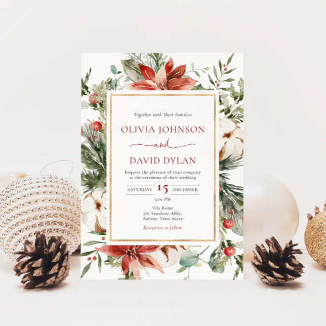 Christmas Winter Red Green Gold Wedding Invitation | Zazzle