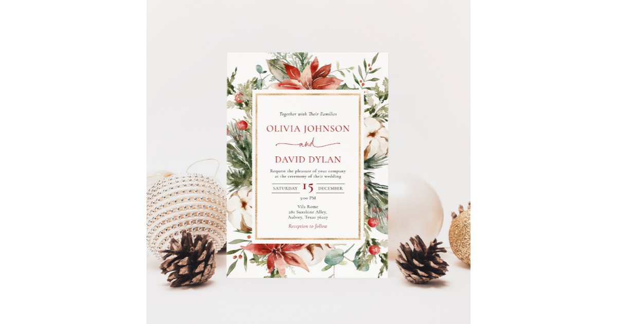 Christmas Winter Red Green Gold Wedding Invitation | Zazzle
