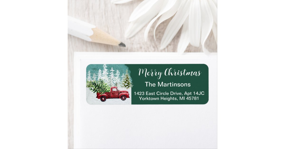 Christmas Winter Red Truck Tree Return Address Label | Zazzle