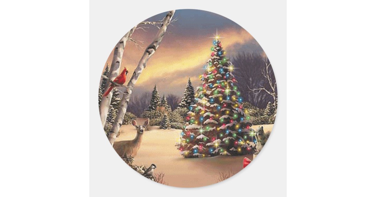 Christmas Winter Scene Classic Round Sticker | Zazzle