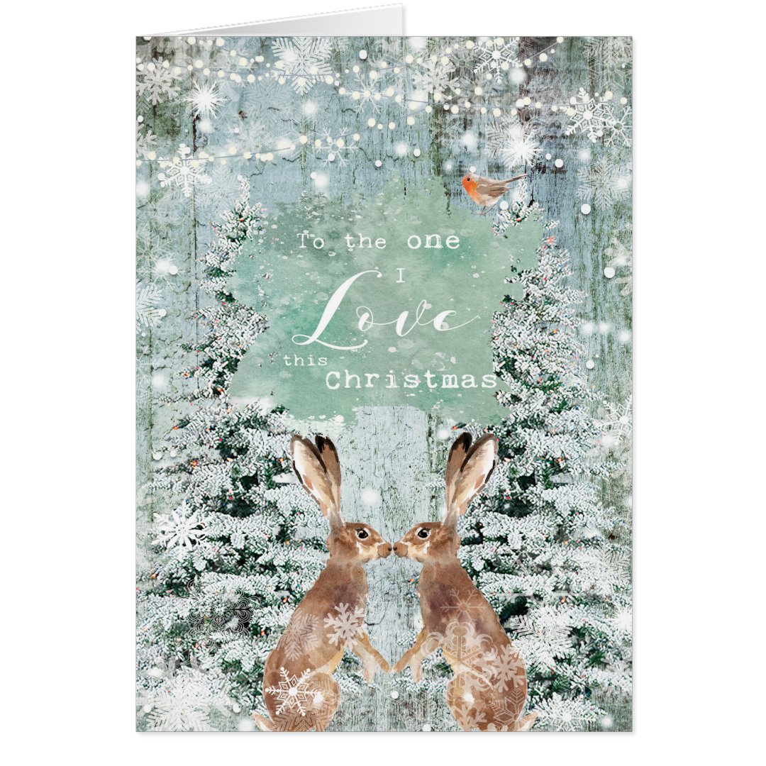 Christmas winter snow hares One I Love card | Zazzle