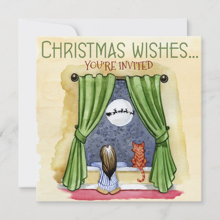 Christmas Wishes Child & Kitty Cat Xmas Party Invitation | Zazzle.com