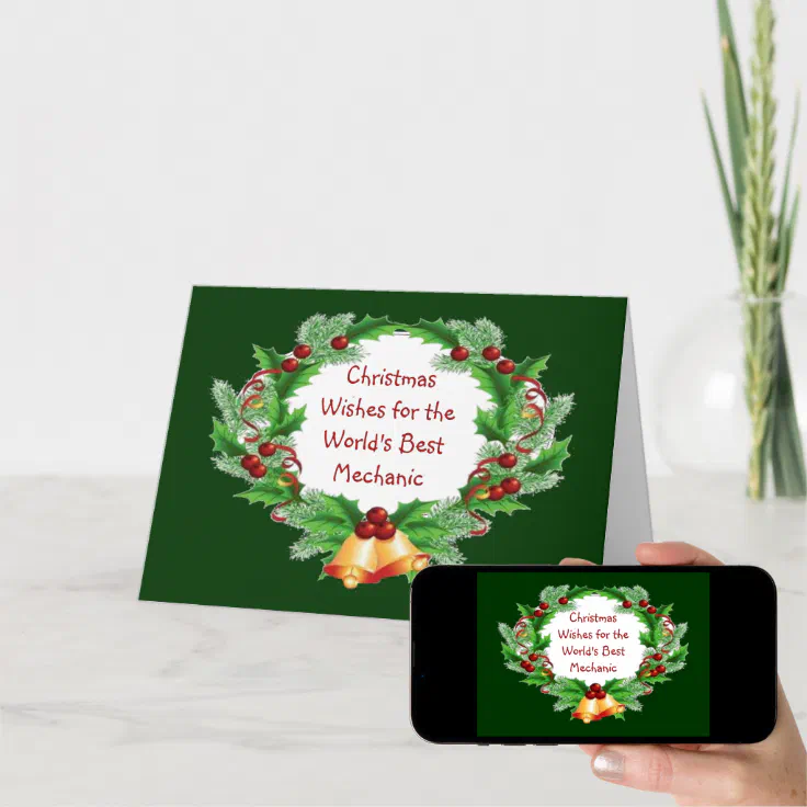 Christmas Wishes Holly Berry Wreath for Mechanic Holiday Card | Zazzle
