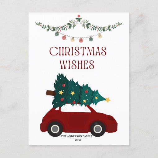 Christmas Wishes Red car and tree Holiday Postcard | Zazzle