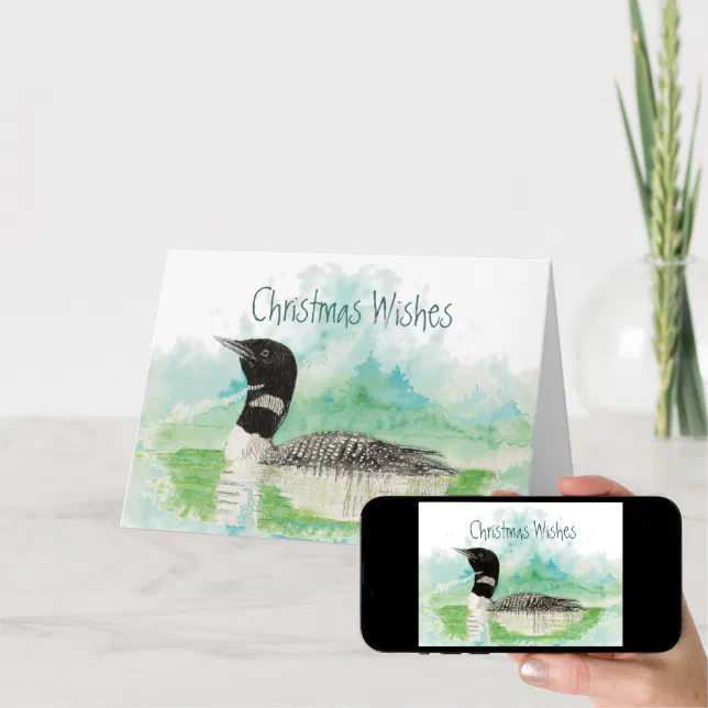 Christmas Wishes with Watercolor Loon Bird Holiday Card | Zazzle