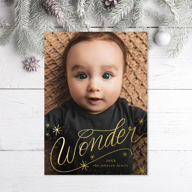 Christmas Wonder Hand-Lettering Photo Foil Holiday Card | Zazzle