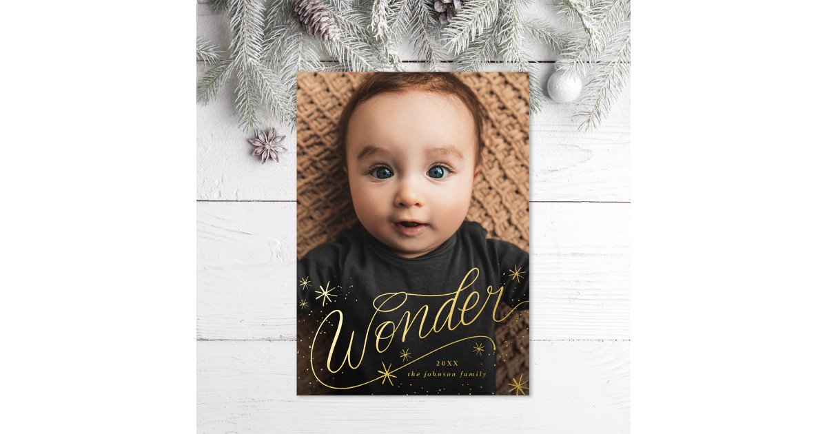 Christmas Wonder Hand-Lettering Photo Foil Holiday Card | Zazzle