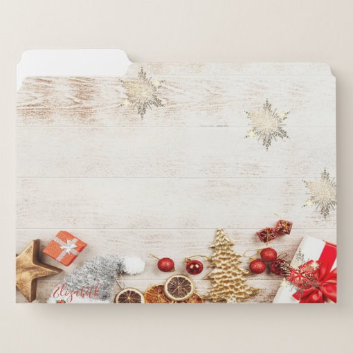 Christmas ,Wood ,Gold Snowflakes-Personalized File Folder | Zazzle