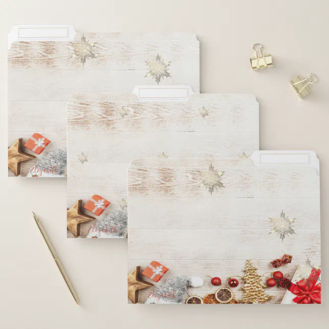 Christmas ,Wood ,Gold Snowflakes-Personalized File Folder | Zazzle