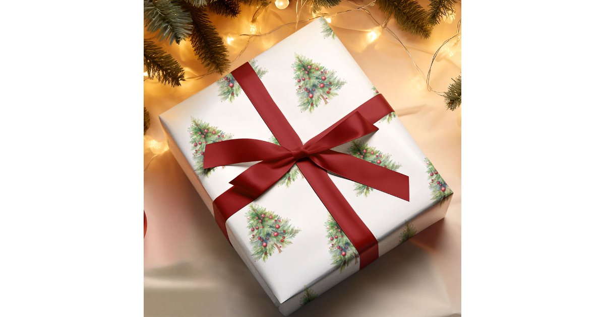 Christmas Wrapping Paper Pine Tree White Holiday | Zazzle