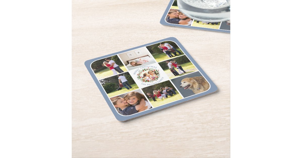 Christmas wreath and nine photos dusty blue square paper coaster | Zazzle