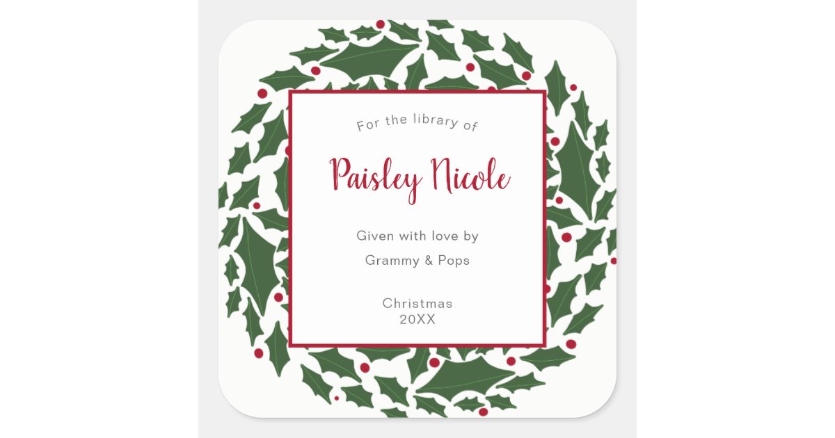 Christmas Wreath bookplate sticker | Zazzle