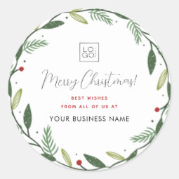 Christmas Wreath Business Add Custom Company Logo Classic Round Sticker ...