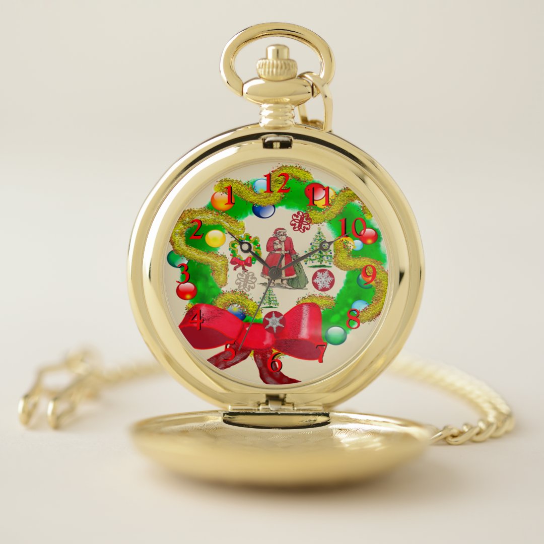 Christmas Wreath Collage Backwards Pocket Watch | Zazzle