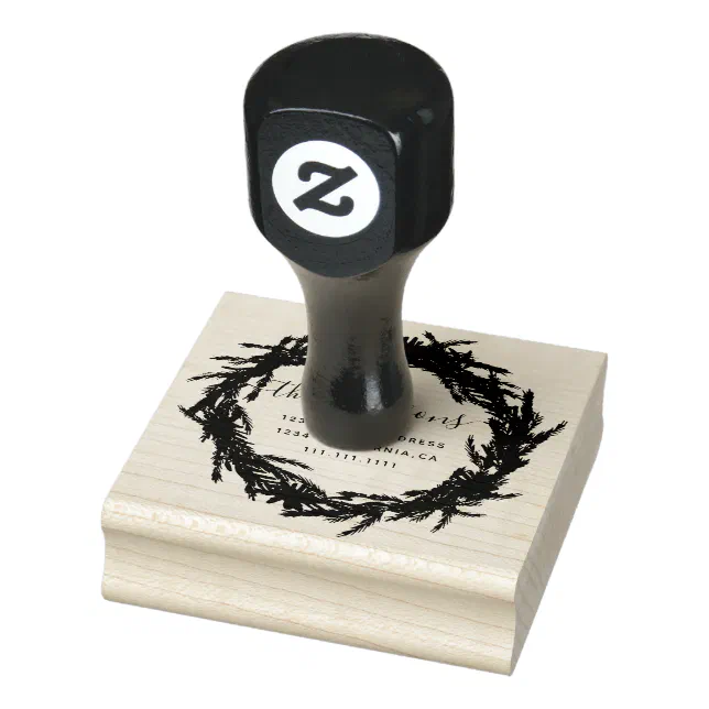 Christmas wreath family name typography script rubber stamp | Zazzle