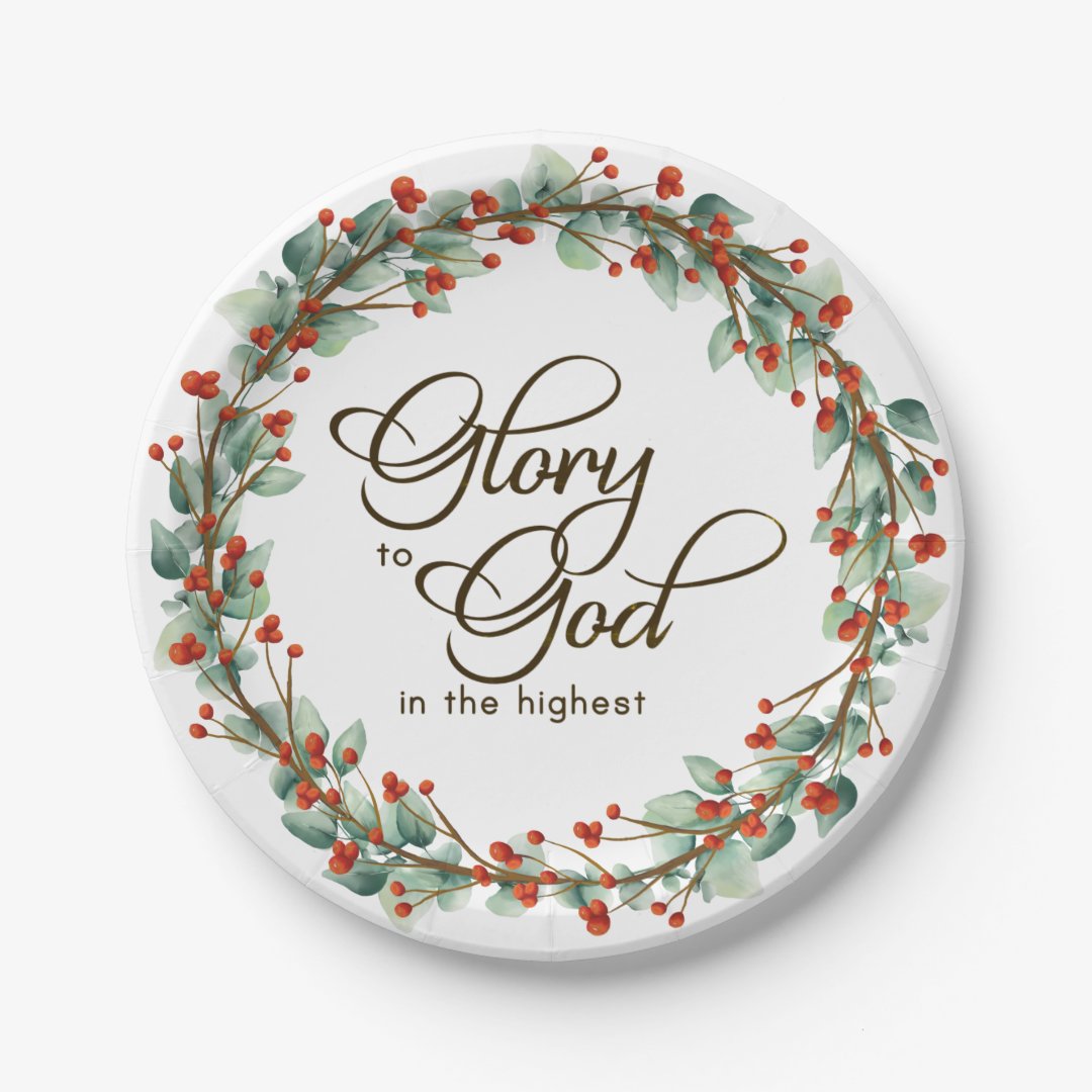 Christmas Wreath Glory to God Bible Verse Paper Plates | Zazzle