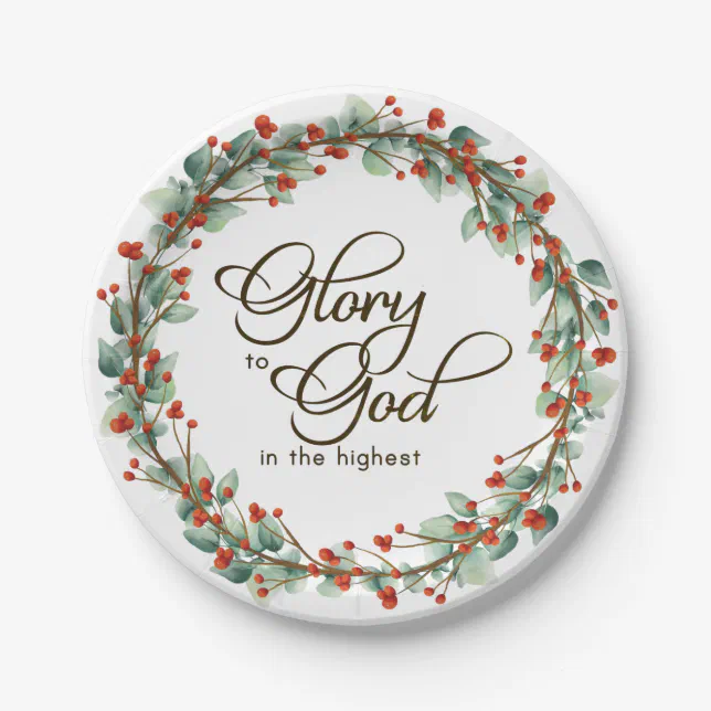 Christmas Wreath Glory to God Bible Verse Paper Plates | Zazzle