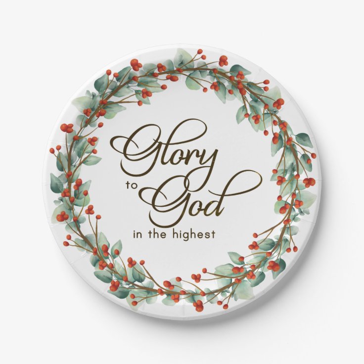 Christmas Wreath Glory to God Bible Verse Paper Plates | Zazzle