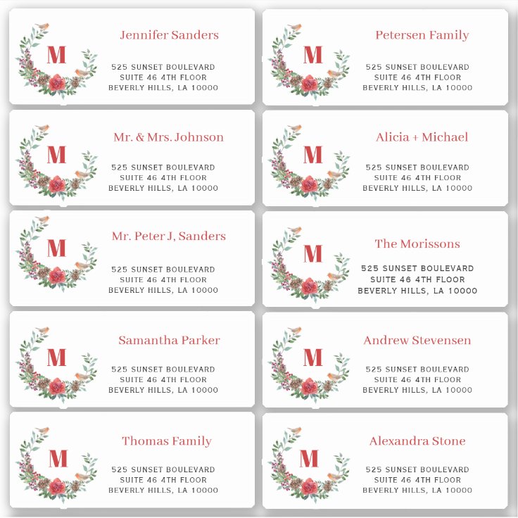 Christmas wreath individual guest address labels | Zazzle