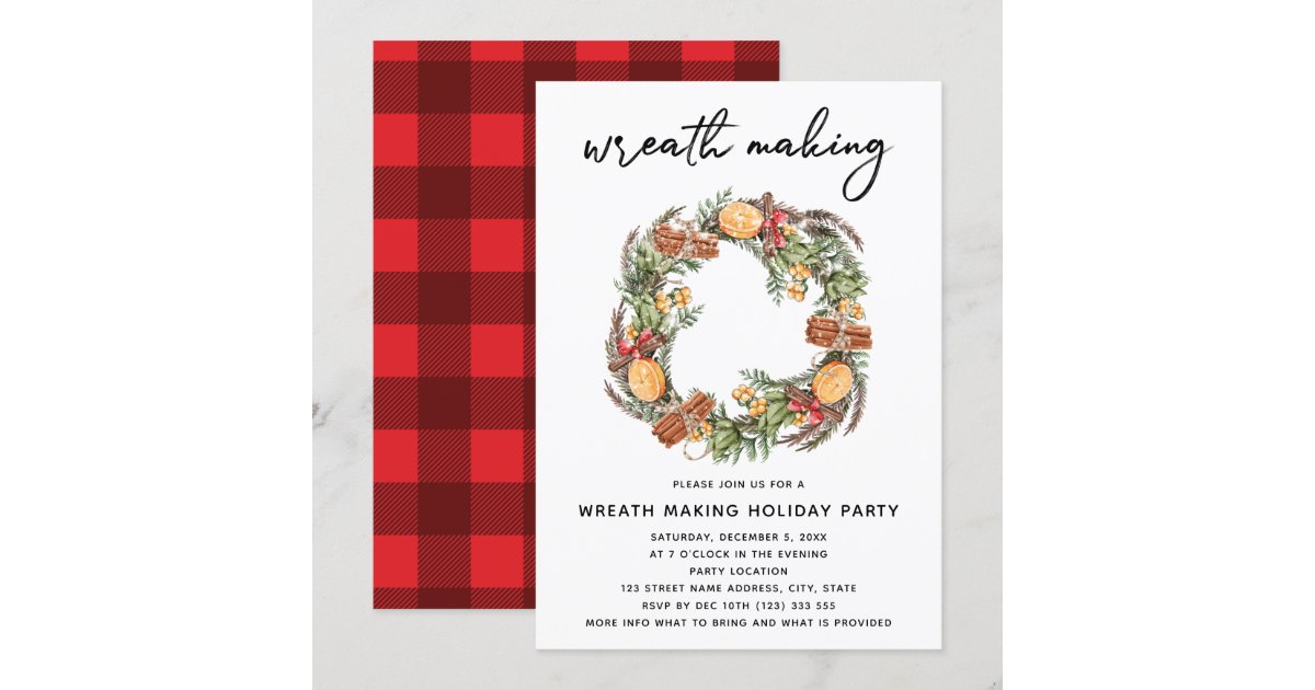 Christmas Wreath Making Party Red Plaid Invitation | Zazzle